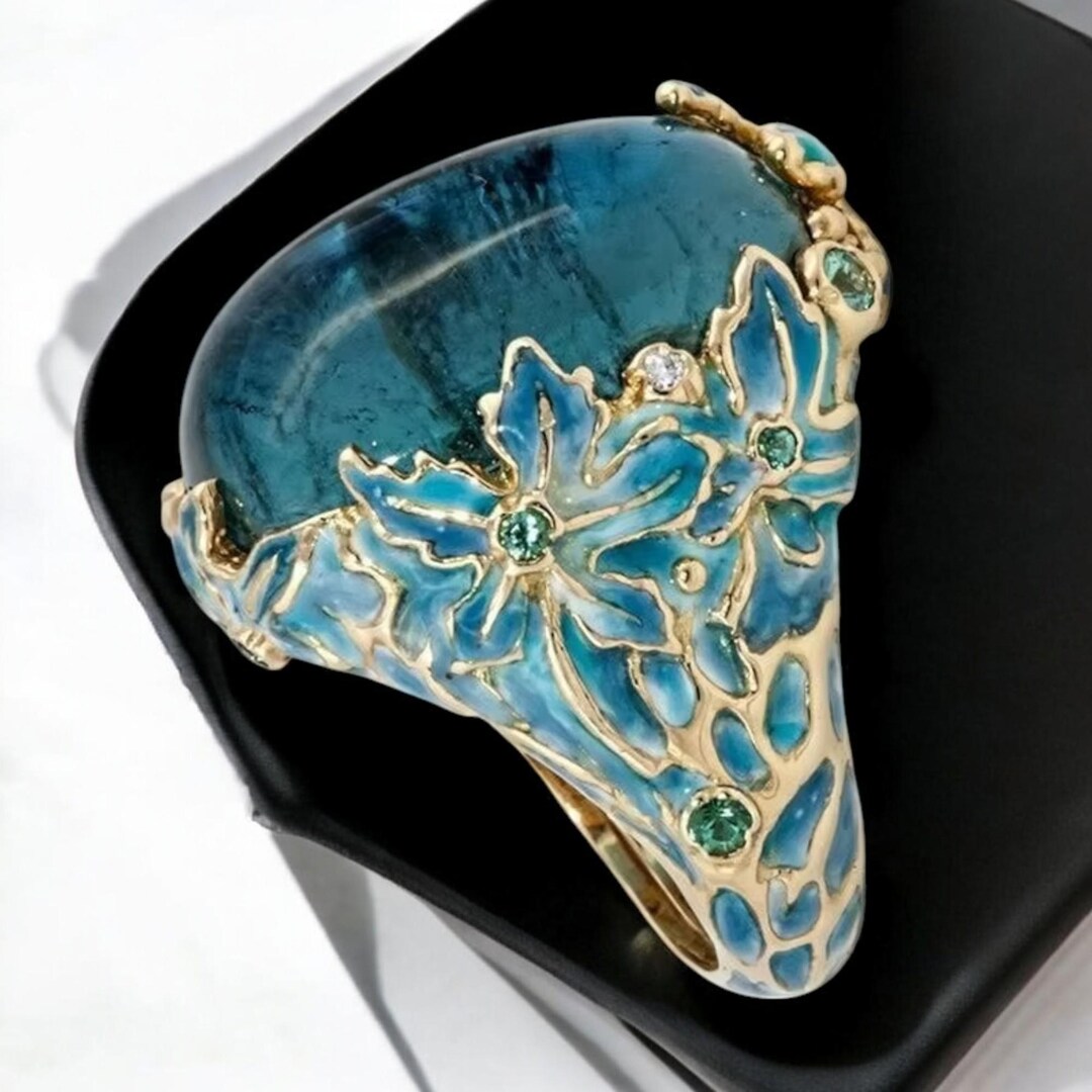 Classic Blue Flower Inlay Statement Ring – Big Stone Adjustable Ring ...