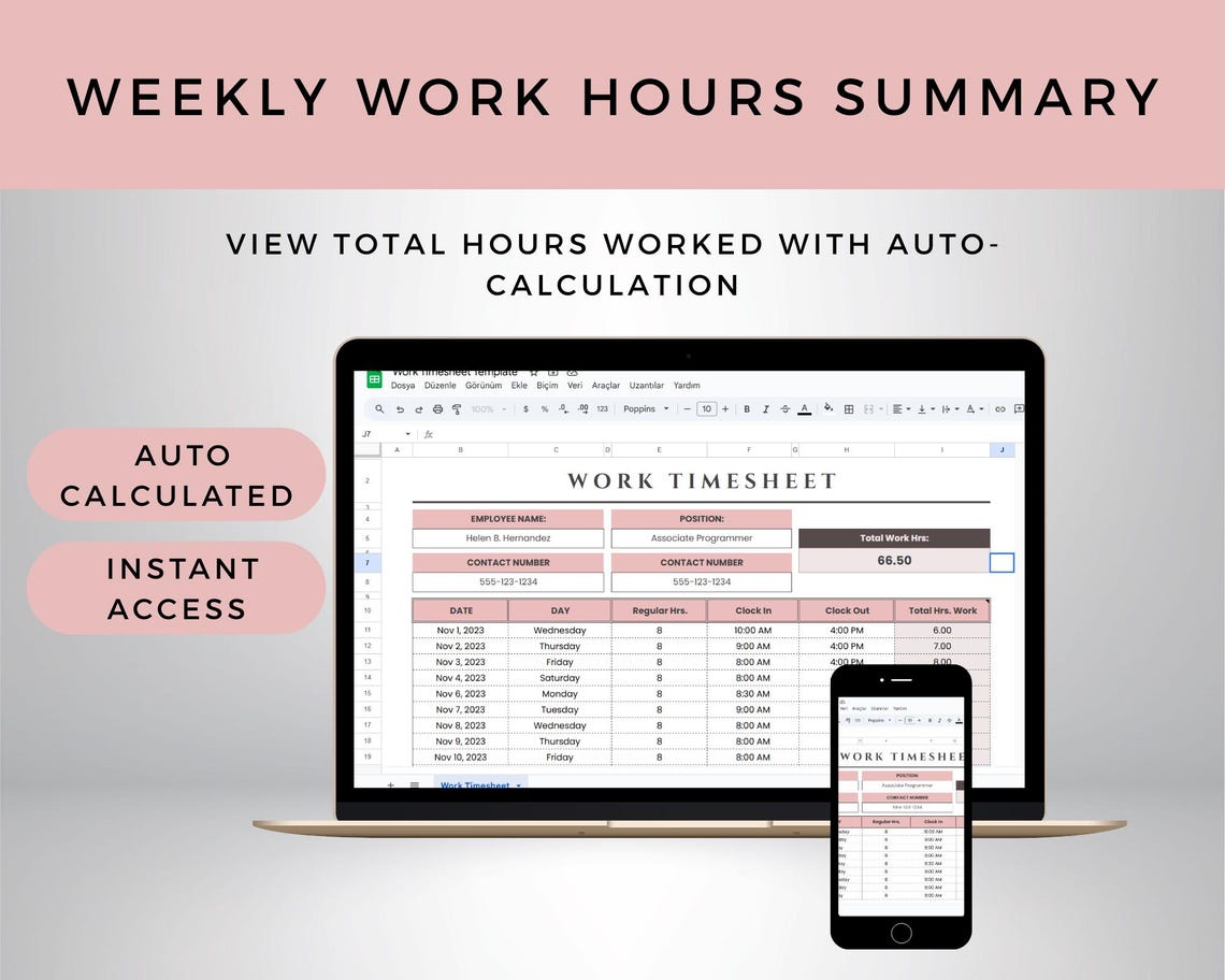 Google Sheets Work Timesheet Template: Employee Hour Tracker (digital ...