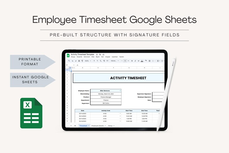 Employee Timesheet Google Sheet Template: Daily Activity & Work Hours ...