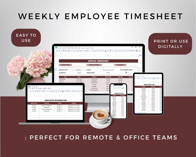 Employee Timesheet Template | Google Sheets & Excel | Track Hours, Pay ...