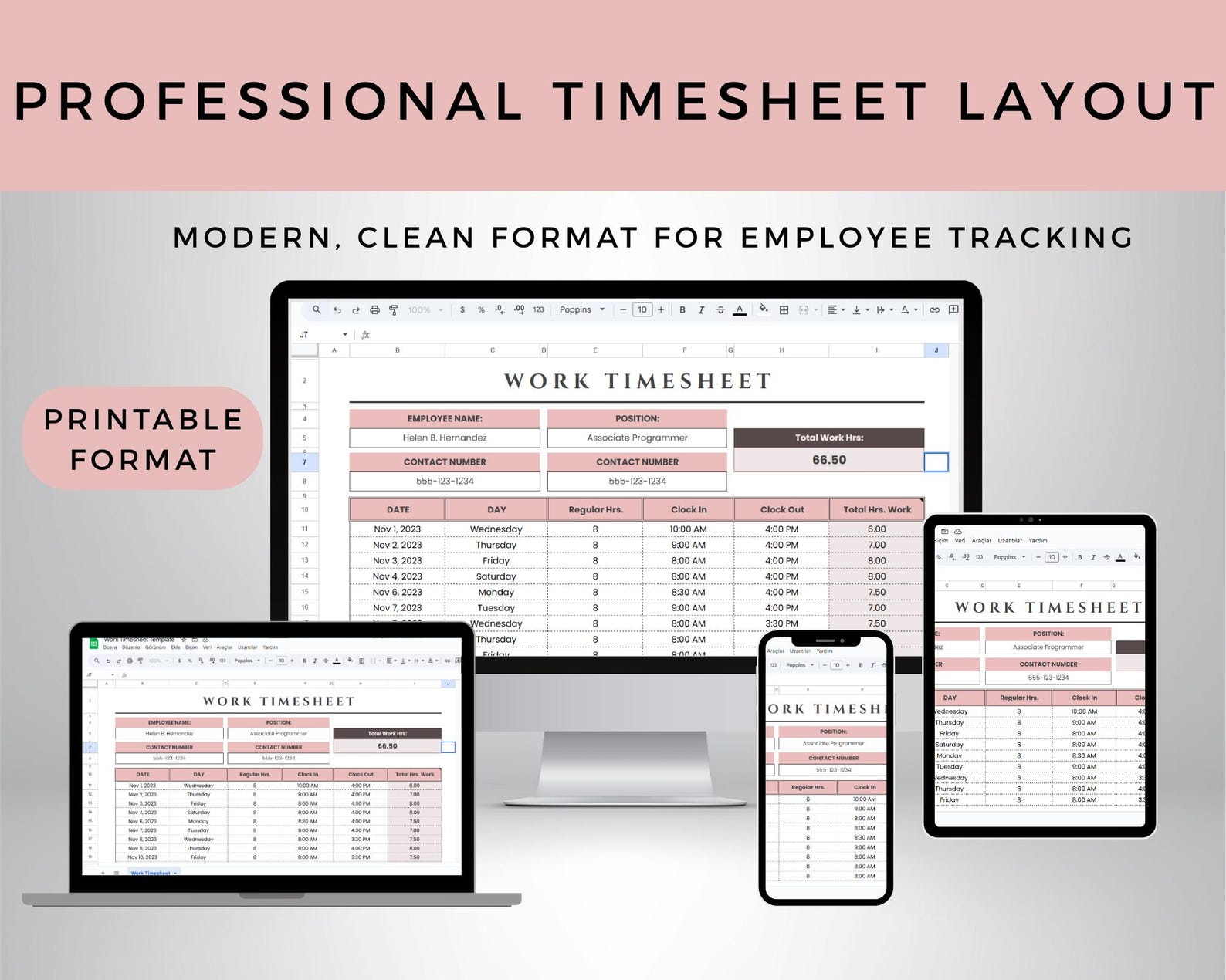 Google Sheets Work Timesheet Template: Employee Hour Tracker (digital ...