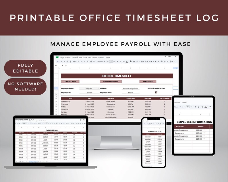 Employee Timesheet Template | Google Sheets & Excel | Track Hours, Pay ...