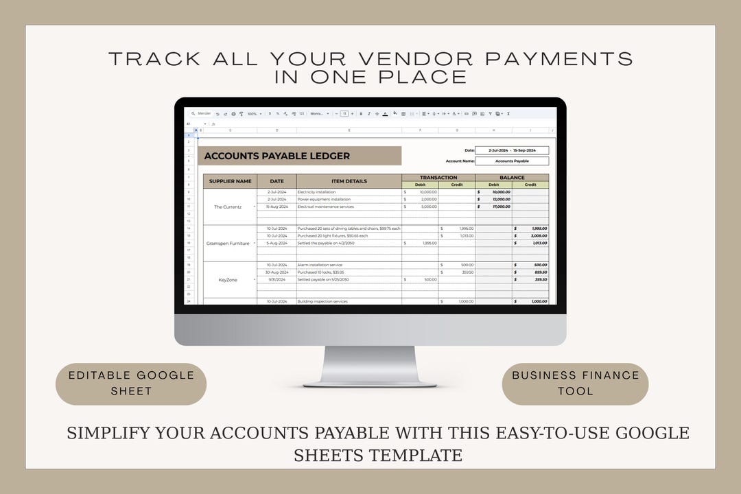 Accounts Payable Ledger Google Sheet | Editable Vendor Payment Log ...