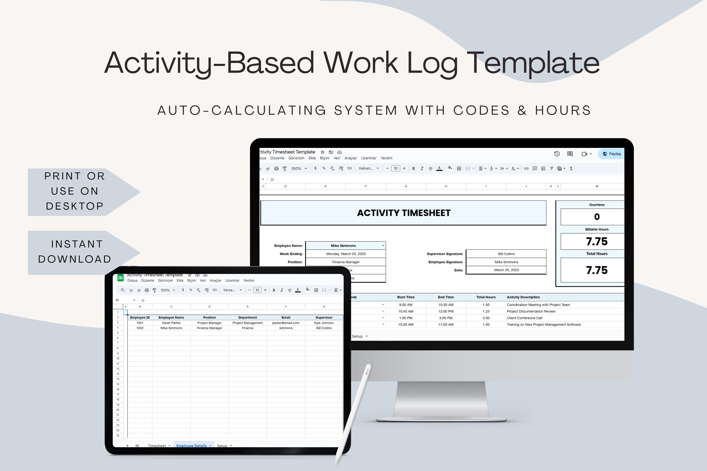 Employee Timesheet Google Sheet Template: Daily Activity & Work Hours ...