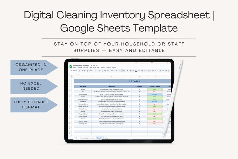 Housekeeping Inventory Tracker | Cleaning Supply Log Google Sheets ...