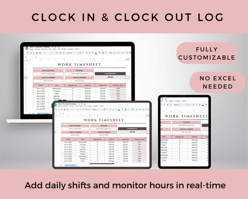Google Sheets Work Timesheet Template: Employee Hour Tracker (digital ...