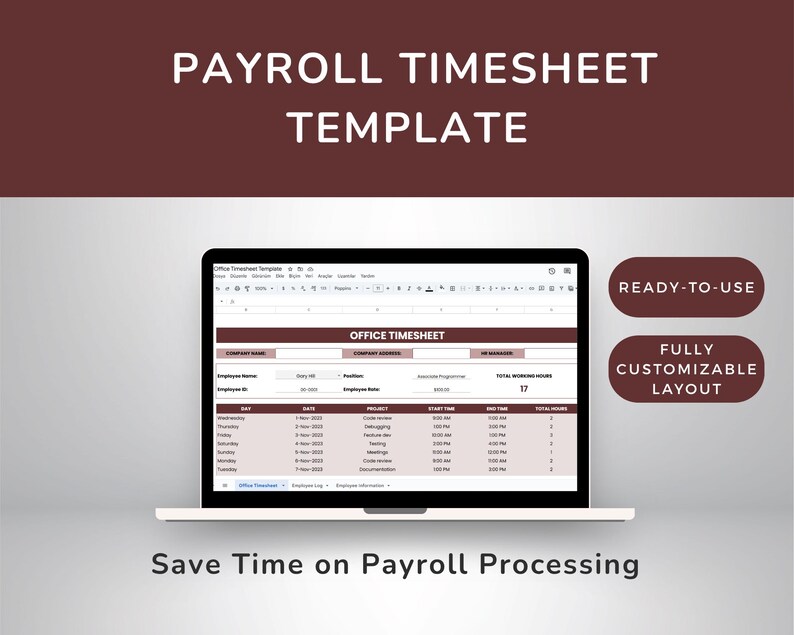 Employee Timesheet Template | Google Sheets & Excel | Track Hours, Pay ...