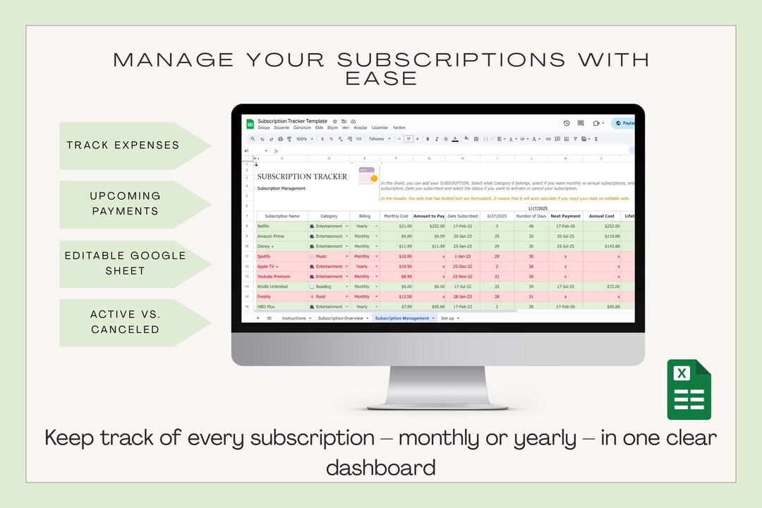 Subscription Tracker Google Sheets | Monthly & Yearly Payment Organizer ...