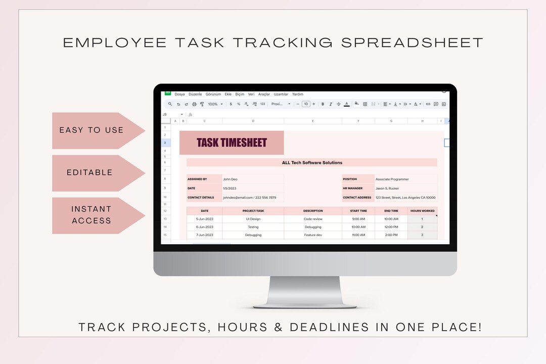 Task Timesheet Tracker | Employee Work Log | Editable Project & Hours ...