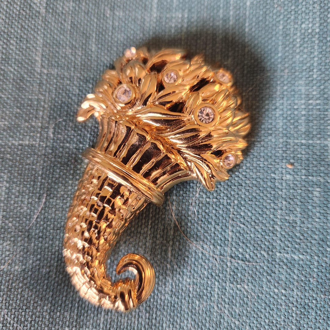 Vintage Brooch - Monet Gold Tone Cornucopia With Clear Rhinestones - Etsy