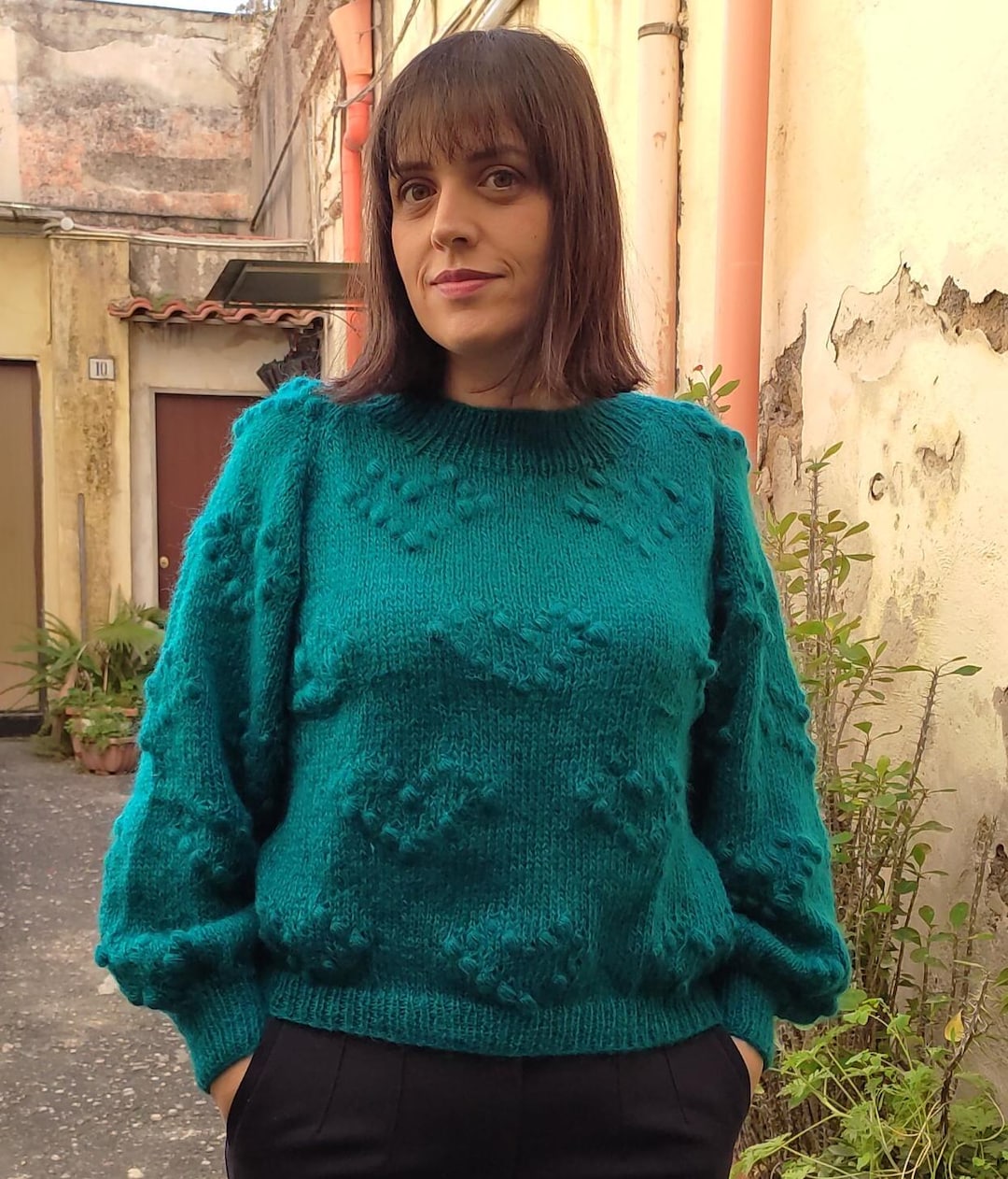 Hand Knit Mohair Sweater, Petrol Green Heart Jumper, Puffy Sleeve ...