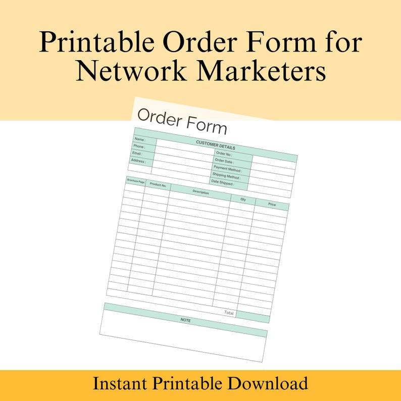 Printable Order Form for Network Marketers | 6 Colours | A4 PDF | Generic for All Companies ...