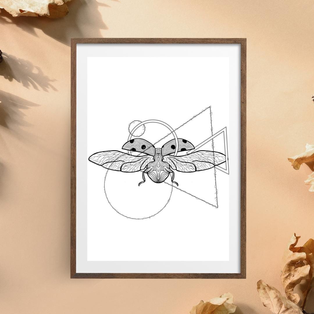 Geometric Ladybug Art Print - Modern Black and White Line Art Wall ...