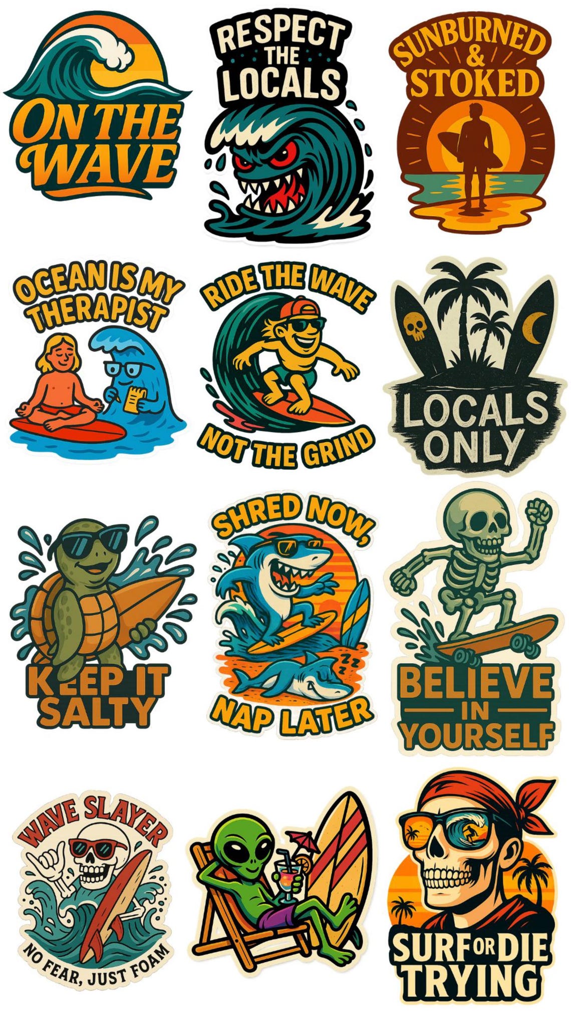 Surf Sticker Pack - 12 PNG Digital Stickers, Surfing, Beach Vibes ...