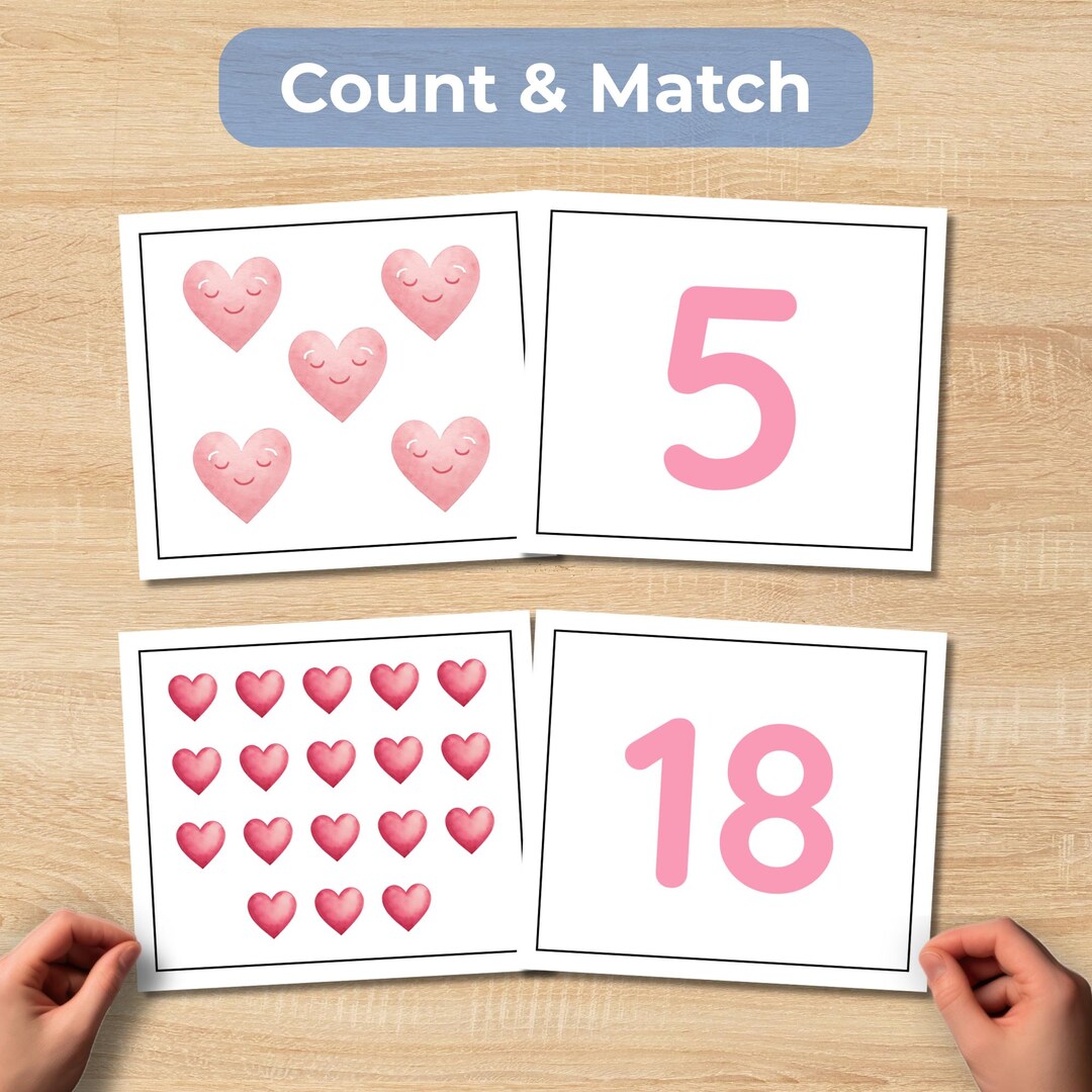 Heart Math Counting Game 1–20 – Montessori Matching Cards Printable for ...