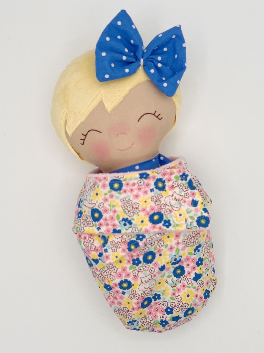 Handmade Swaddle Baby Doll, Floral Kitty Print, Blonde Fleece Hair - Etsy