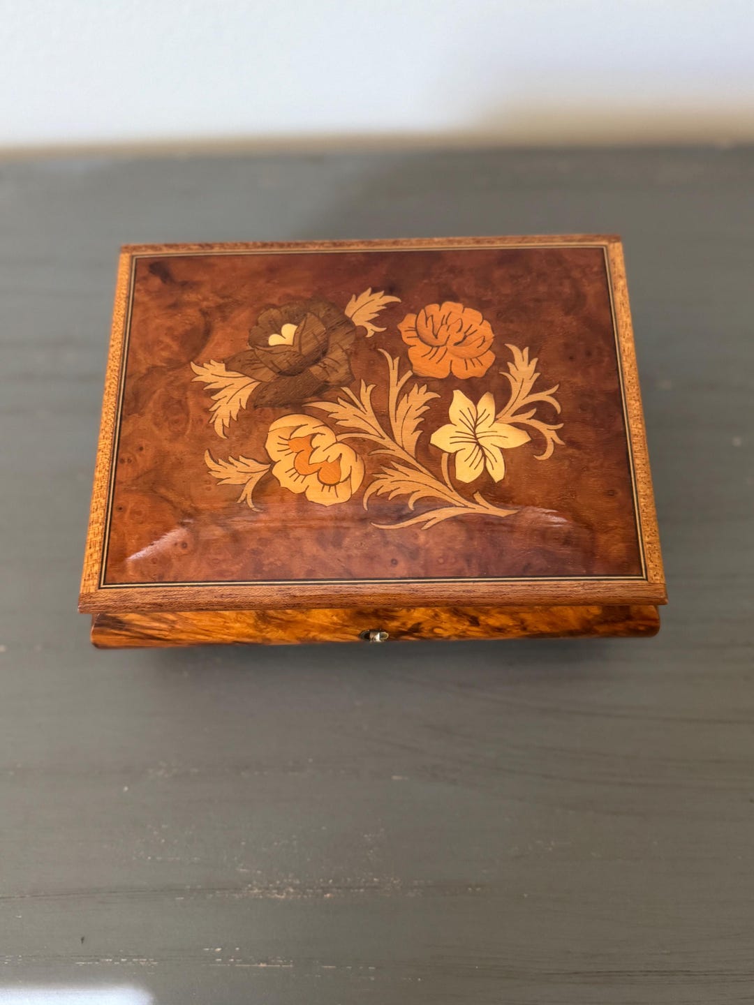 Vintage Marquetry Floral Music Box – Italian Burl Wood Jewelry Box With ...