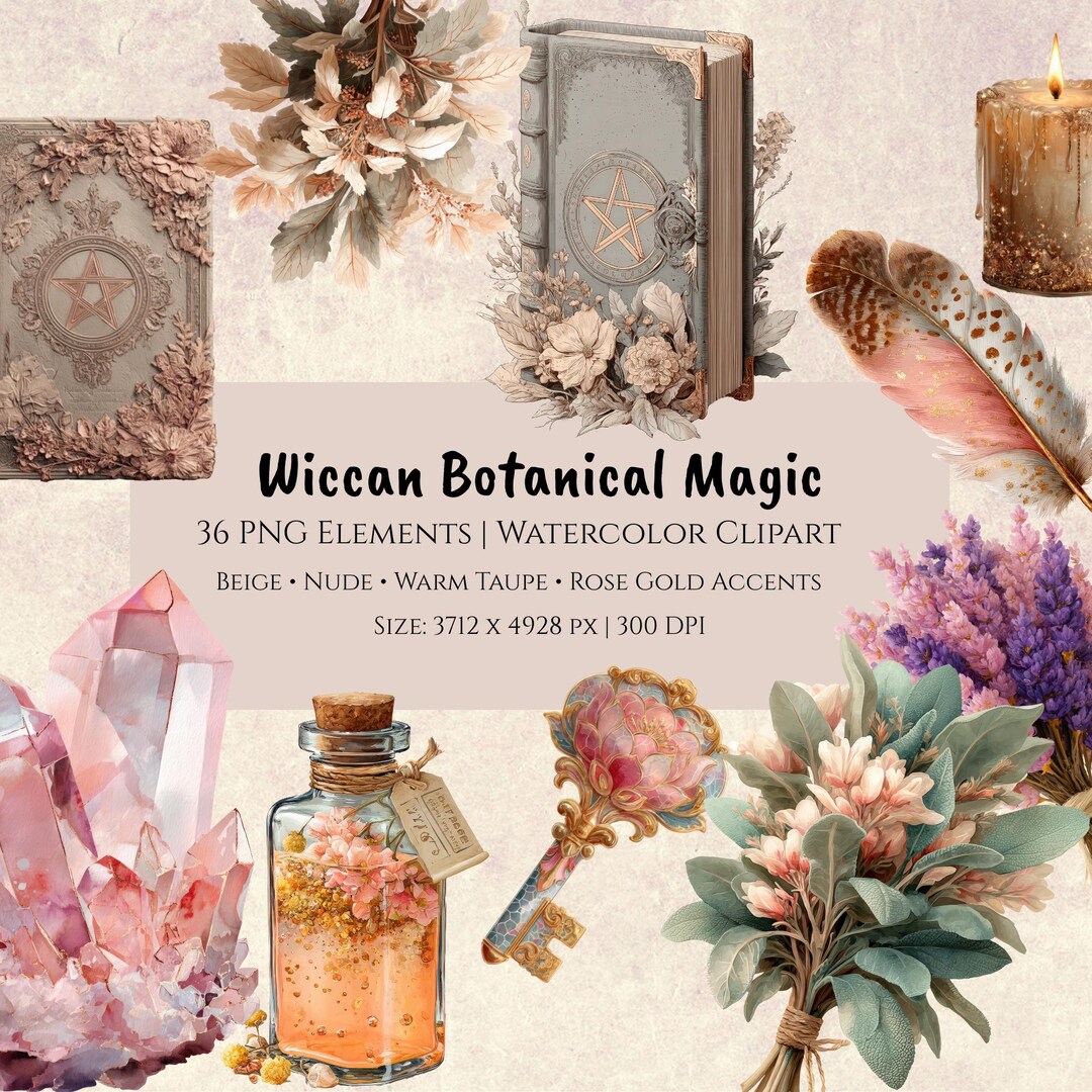 Rose Gold Wiccan Botanical Clipart Bundle | Mystic Candle & Feather ...
