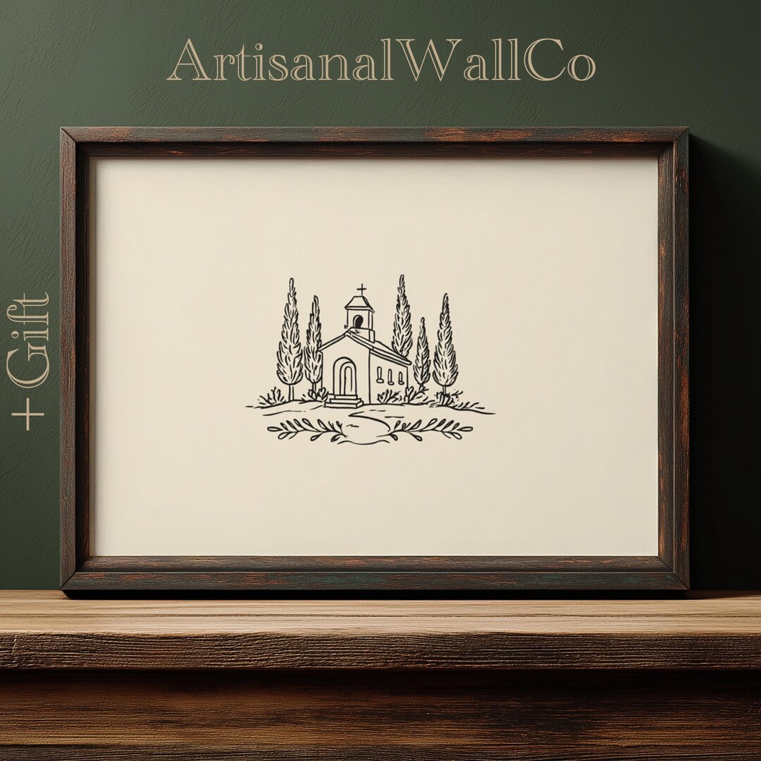 Minimalist Chapel Line Art | Cypress Tree Sketch | Mediterranean ...