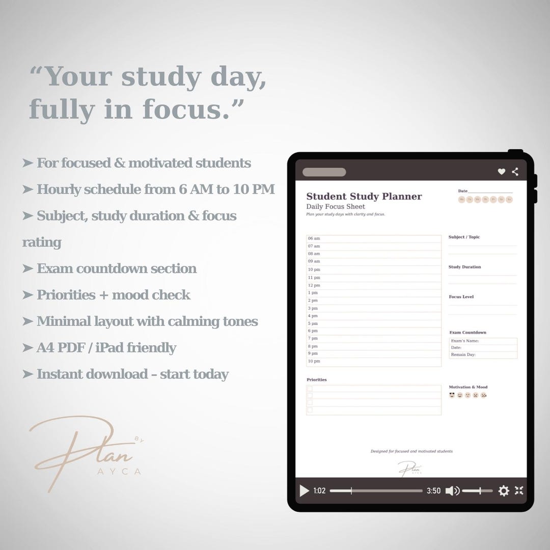 Student Study Planner PDF | Daily Focus Sheet for Exam Prep | Hourly ...