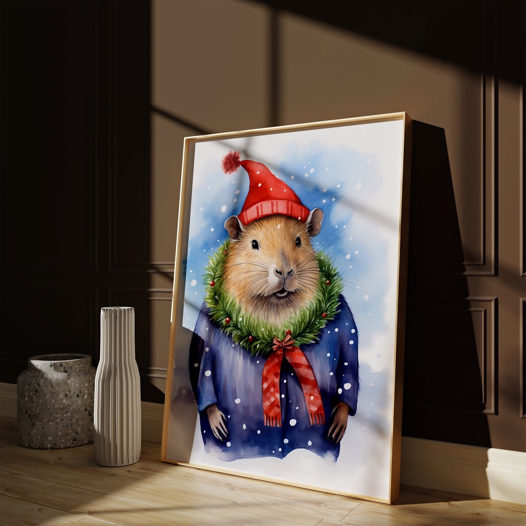 Capybara With Gift Christmas Art Print Decor, Guinea Pig Holiday Print ...