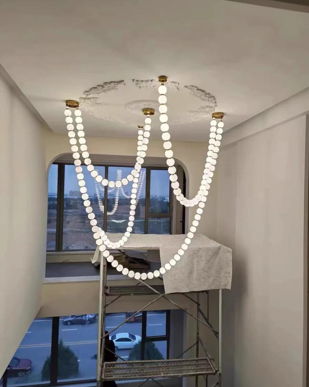 Pearl Necklace Pendant Light, Modern Brass Milky Glass Pendant ...