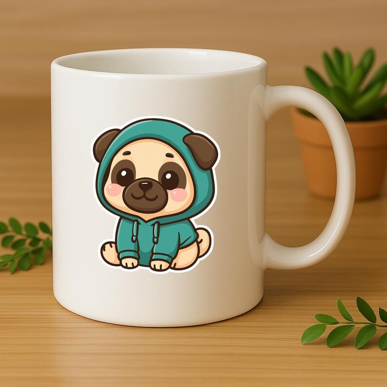 Chibi Pug Sticker & Hoodie Dog Design for Laptop, Journal and Bottle ...