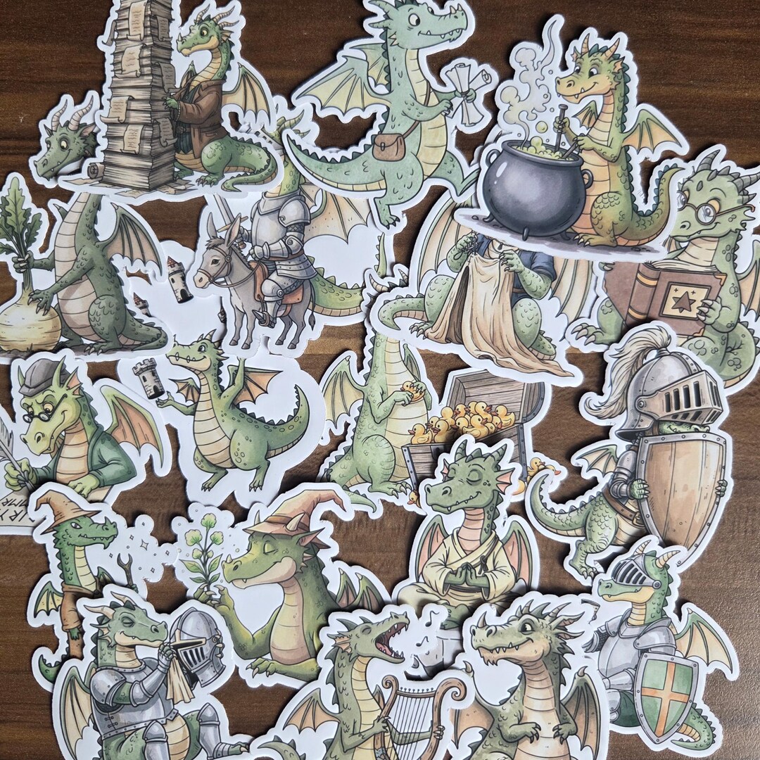 Quirky Medieval Dragon Sticker Set – 20 Fantasy Decals for Laptop ...
