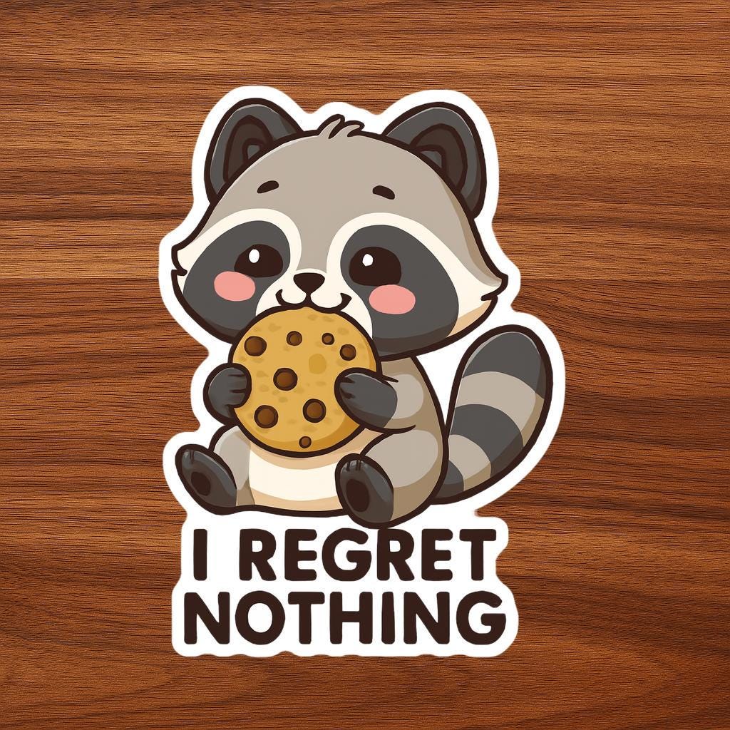 Chibi Raccoon Sticker & Funny Meme Quote “I Regret Nothing” for Laptop ...