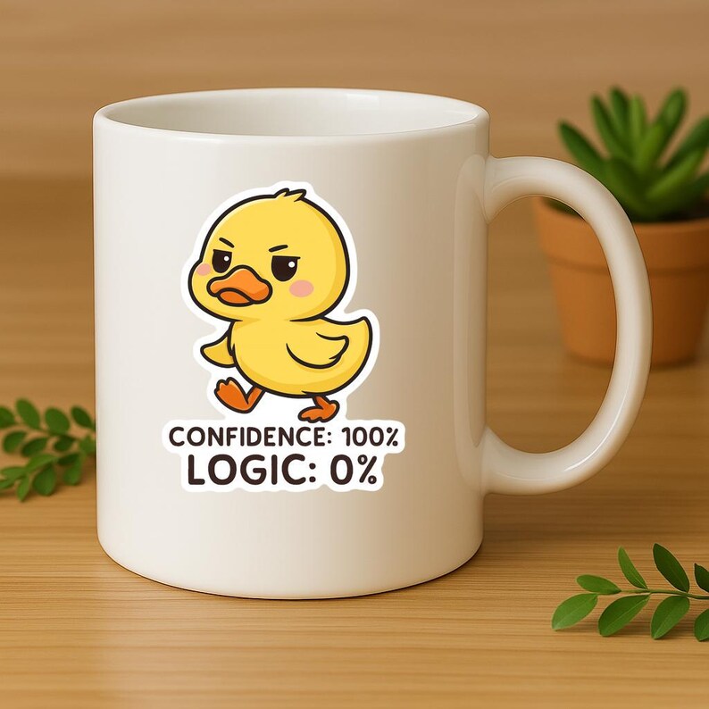 Chibi Duck Sticker & Bold Meme Quote “CONFIDENCE 100% / LOGIC: 0” for ...