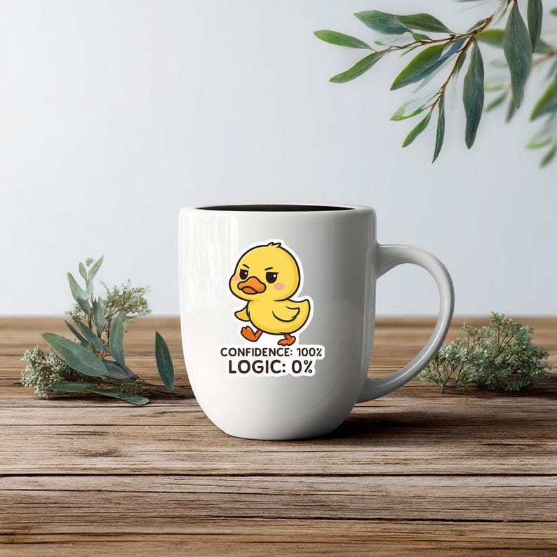Chibi Duck Sticker & Bold Meme Quote “CONFIDENCE 100% / LOGIC: 0” for ...
