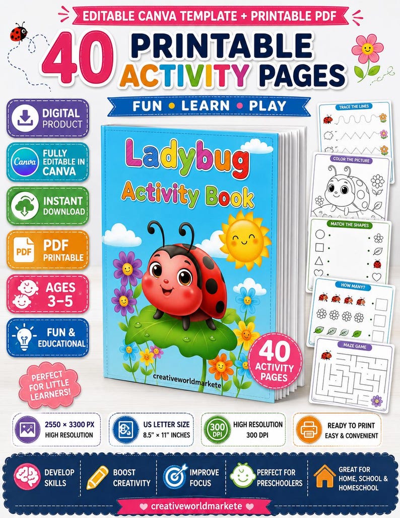 Ladybug Activity Pack – 40 Printable Insect Coloring Pages and Puzzles ...