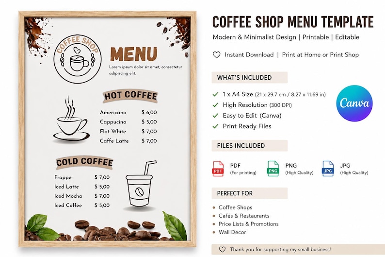 Editable Coffee Shop Menu Template Canva – Minimal Café Menu Sign ...
