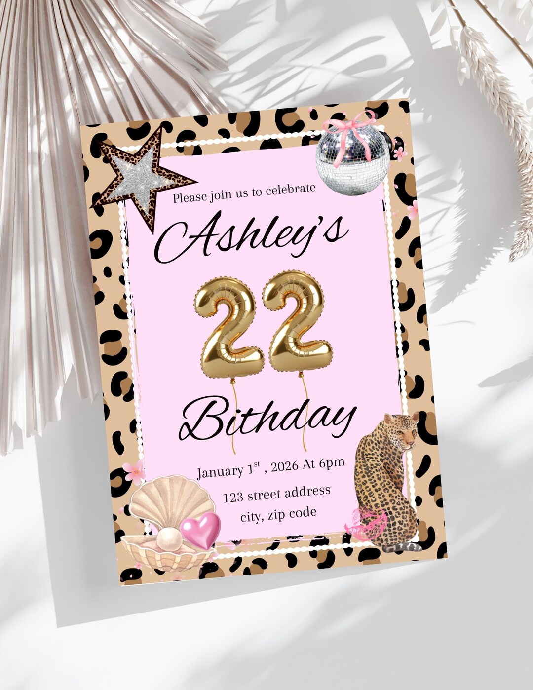 Pink Leopard Birthday Invitation | Editable Party Invite (digital ...