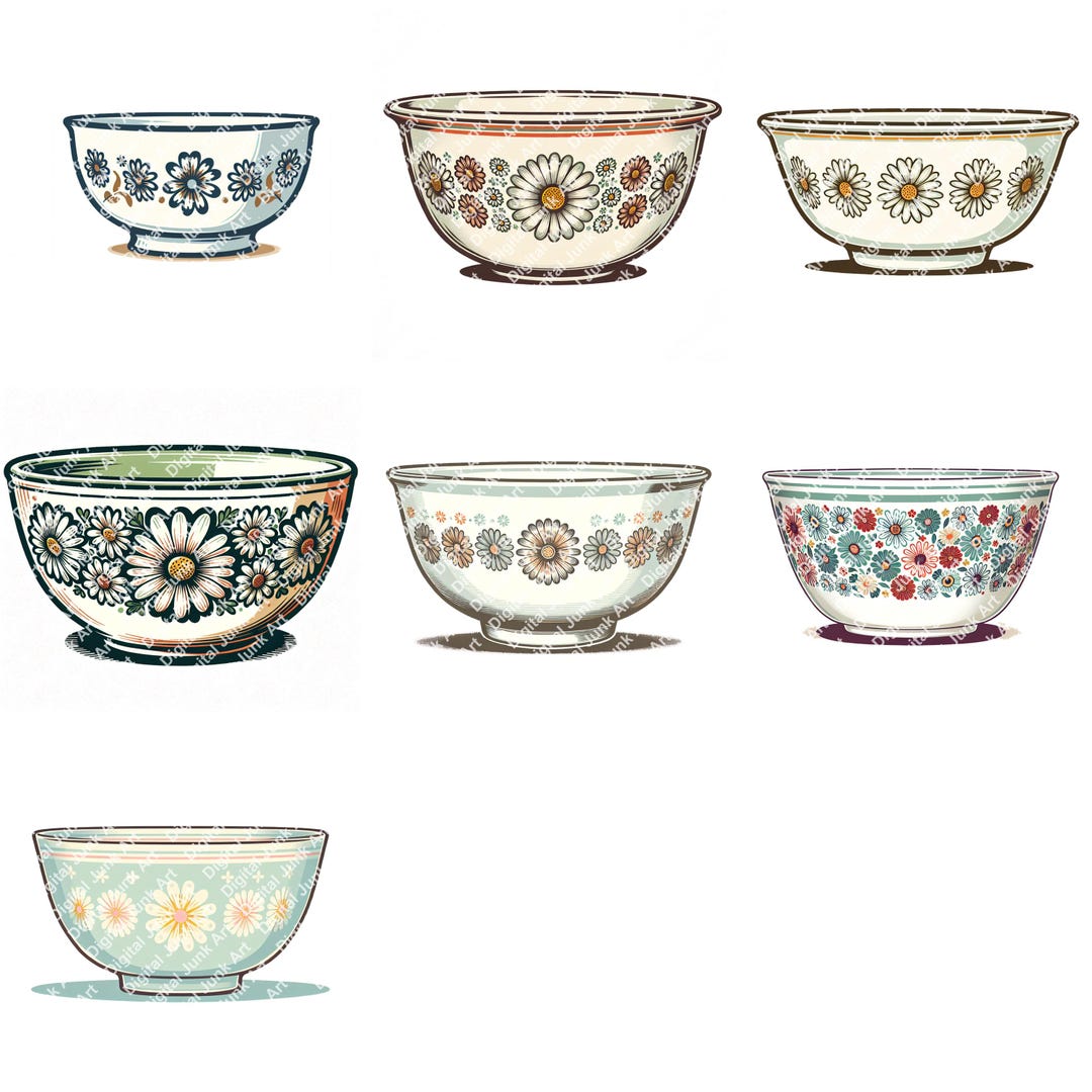 Pyrex-inspired Daisy Bowl Clipart - Vintage Kitchen PNG Set - Junk ...
