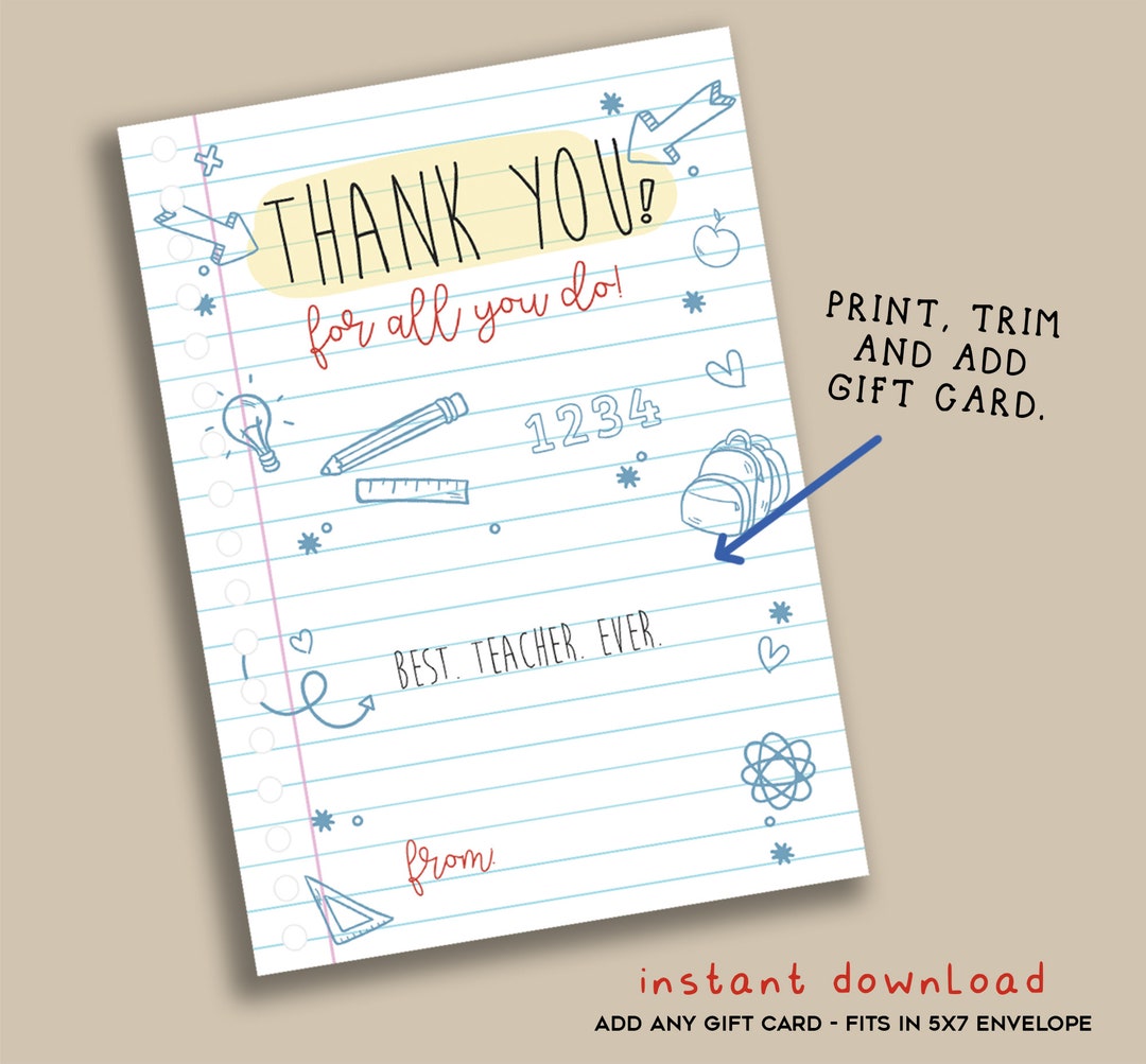 Thank You Gift Card Holder Template Printable Teacher Appreciation Week ...