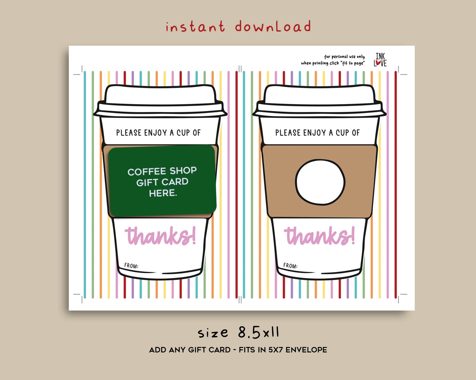 Coffee Gift Card Holder, Printable Thanks Greeting Card (instant ...