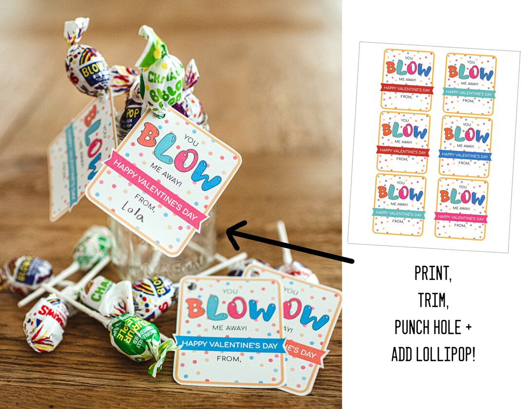 Colorful Lollipop Valentine, You Blow Me Away Valentine, Children's ...