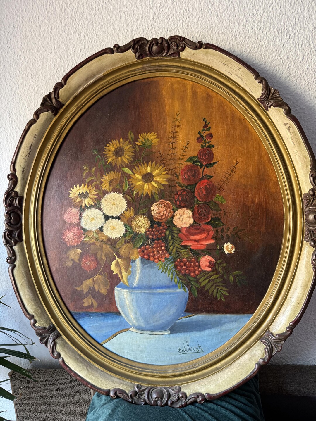 Vintage Still Life Oil Painting | Floral Artwork | Oval Frame | Signed ...
