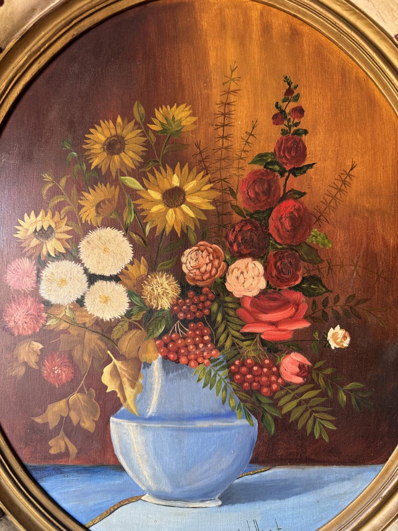Vintage Still Life Oil Painting | Floral Artwork | Oval Frame | Signed ...
