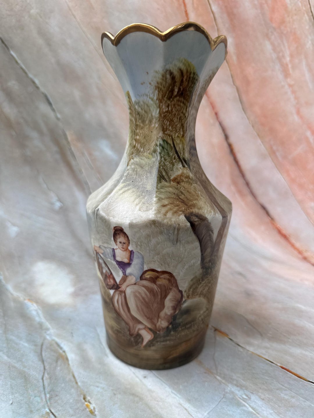 Antique Hand Painted Porcelain Vase – Romantic Scene, Gold Trim ...