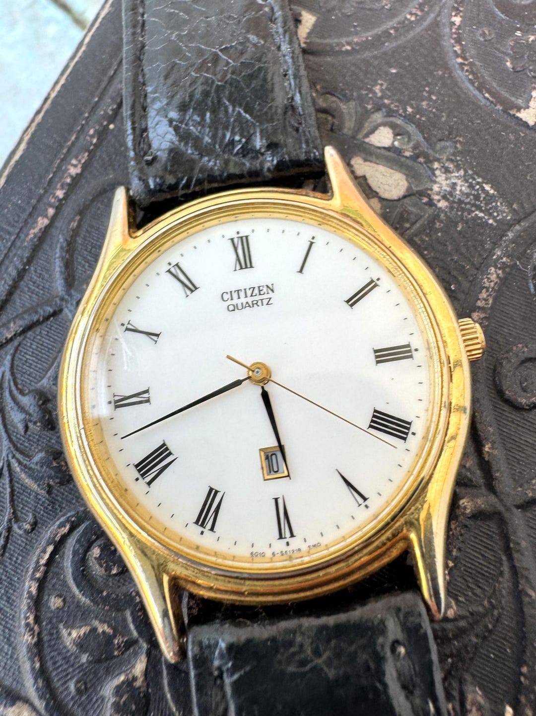Vintage Citizen Quartz Watch: Gold Tone, Roman Numerals, Black Leather ...