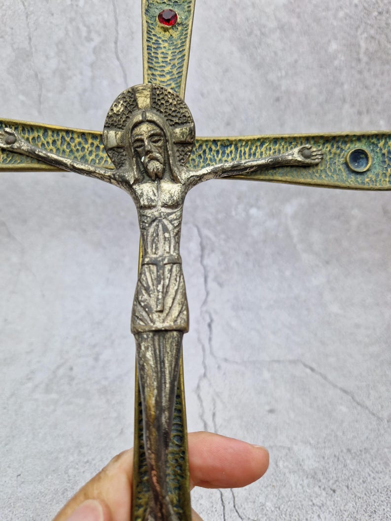 Antique Wrought Iron Catholic Crucifix: Brass & Crystal, Early 19th ...