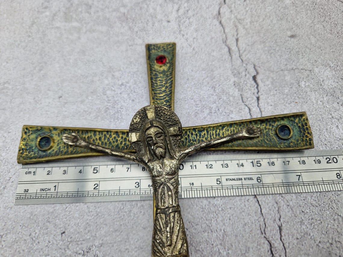 Antique Wrought Iron Catholic Crucifix: Brass & Crystal, Early 19th ...