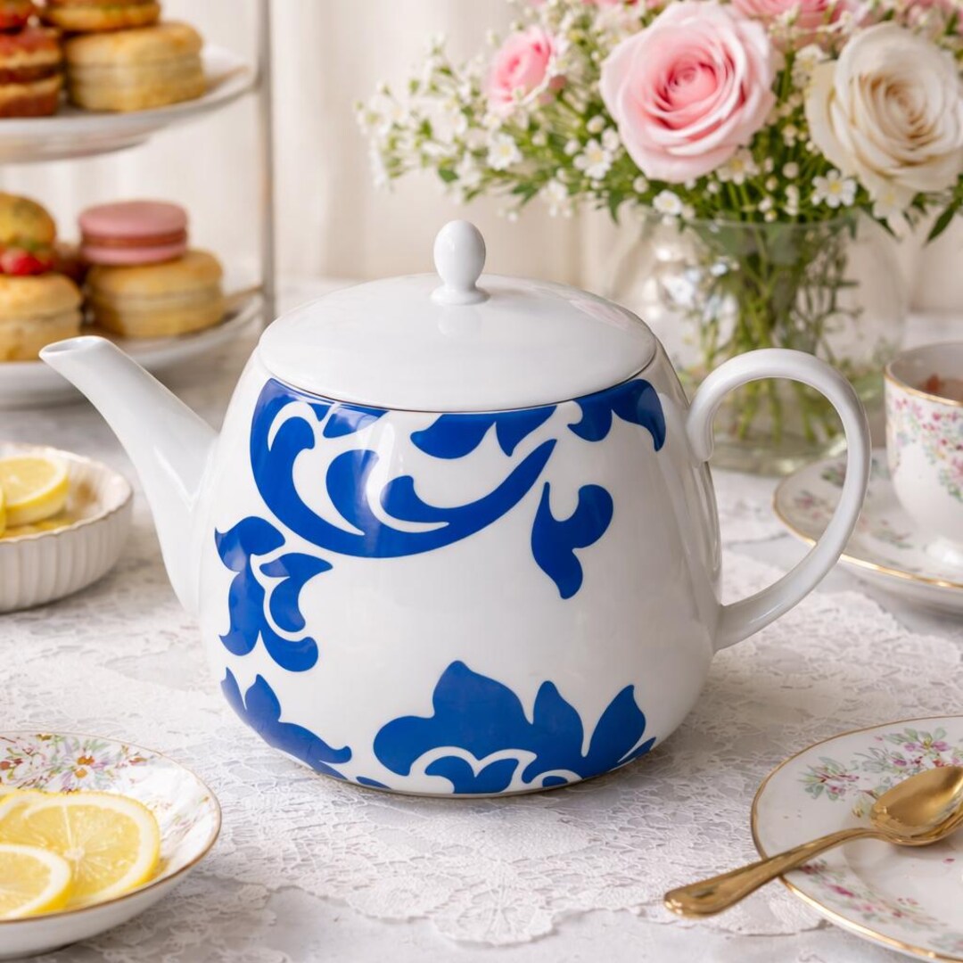 Vintage Martha Stewart Teapot: Lisbon Navy Blue Floral Porcelain, 40 Oz ...
