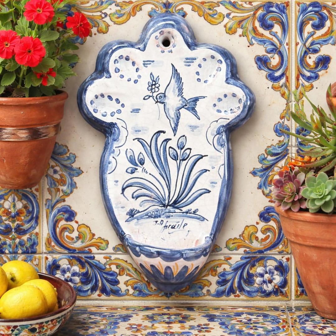 Vintage Holy Water Font, Hand-painted Ceramic Stoup, Religious Wall ...