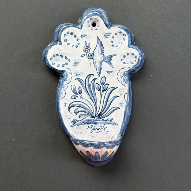 Vintage Holy Water Font, Hand-painted Ceramic Stoup, Religious Wall ...