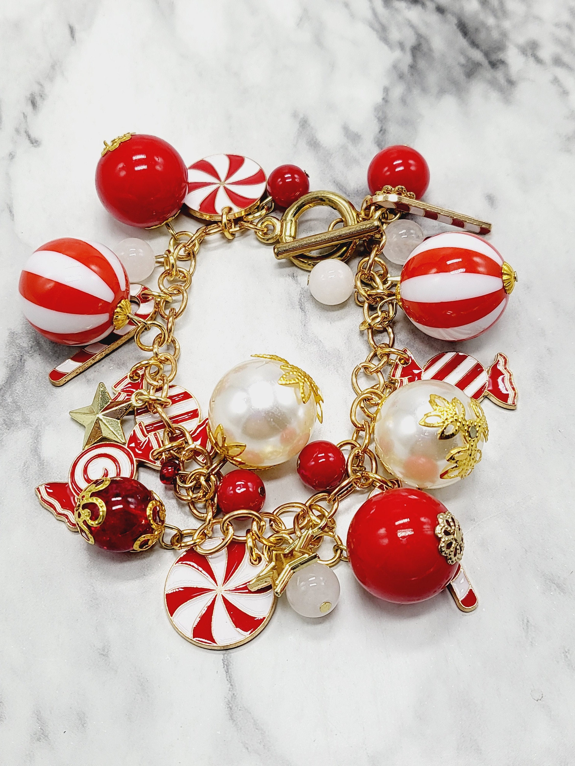 Christmas Charm Bracelet/ Gold Winter Jewelry Peppermint Candy Charm ...