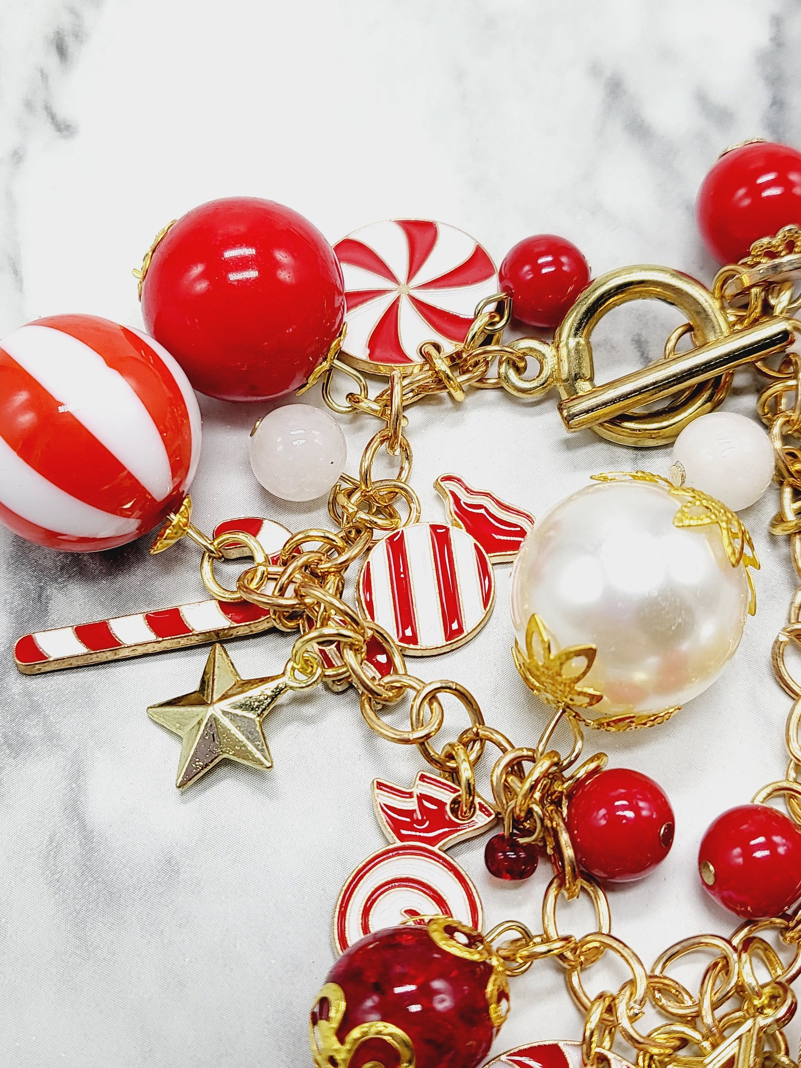 Christmas Charm Bracelet/ Gold Winter Jewelry Peppermint Candy Charm ...