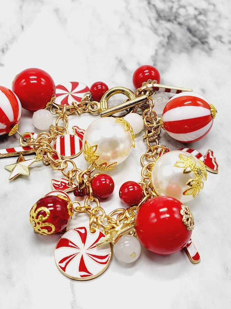 Christmas Charm Bracelet/ Gold Winter Jewelry Peppermint Candy Charm ...